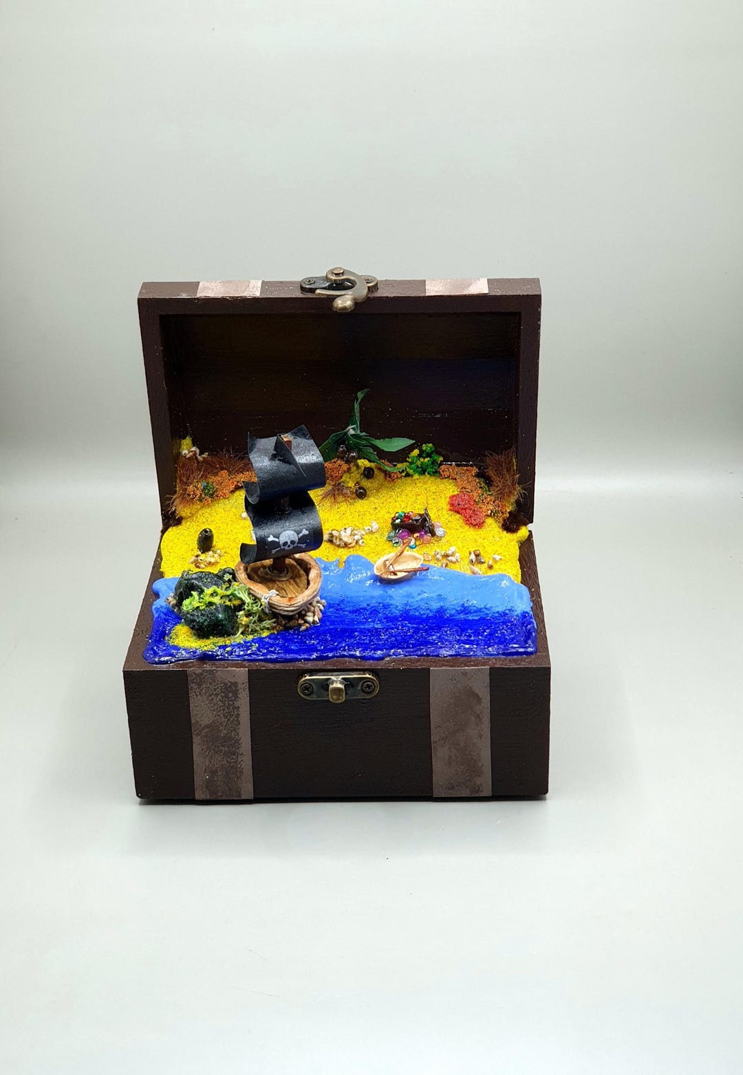 Treasure Chest Miniature Pirate Ship Diorama, Walnut Shell Art, Sea ...