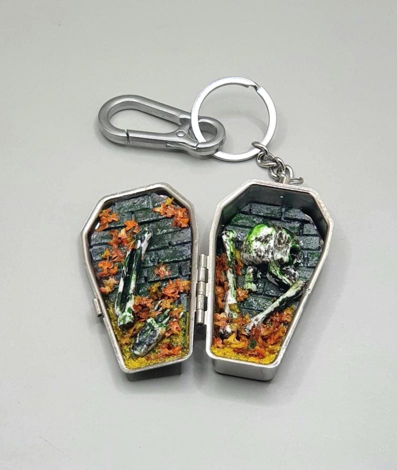 Miniature Coffin Diorama Keychain, Skeleton Keyring, Repurposed Ashtray ...