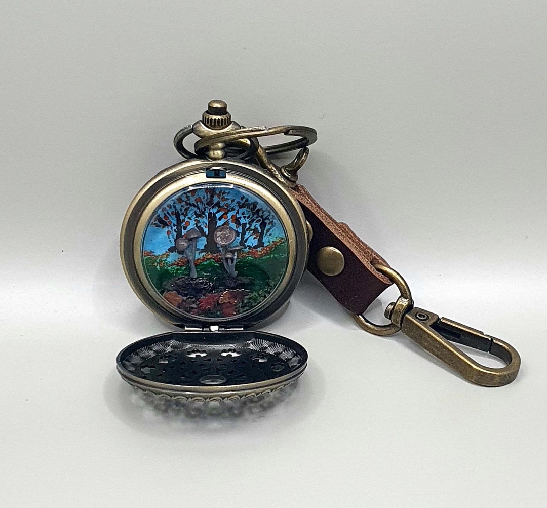 Mushroom Keyring, Toadstool Miniature Diorama, Repurposed Pocket Watch ...