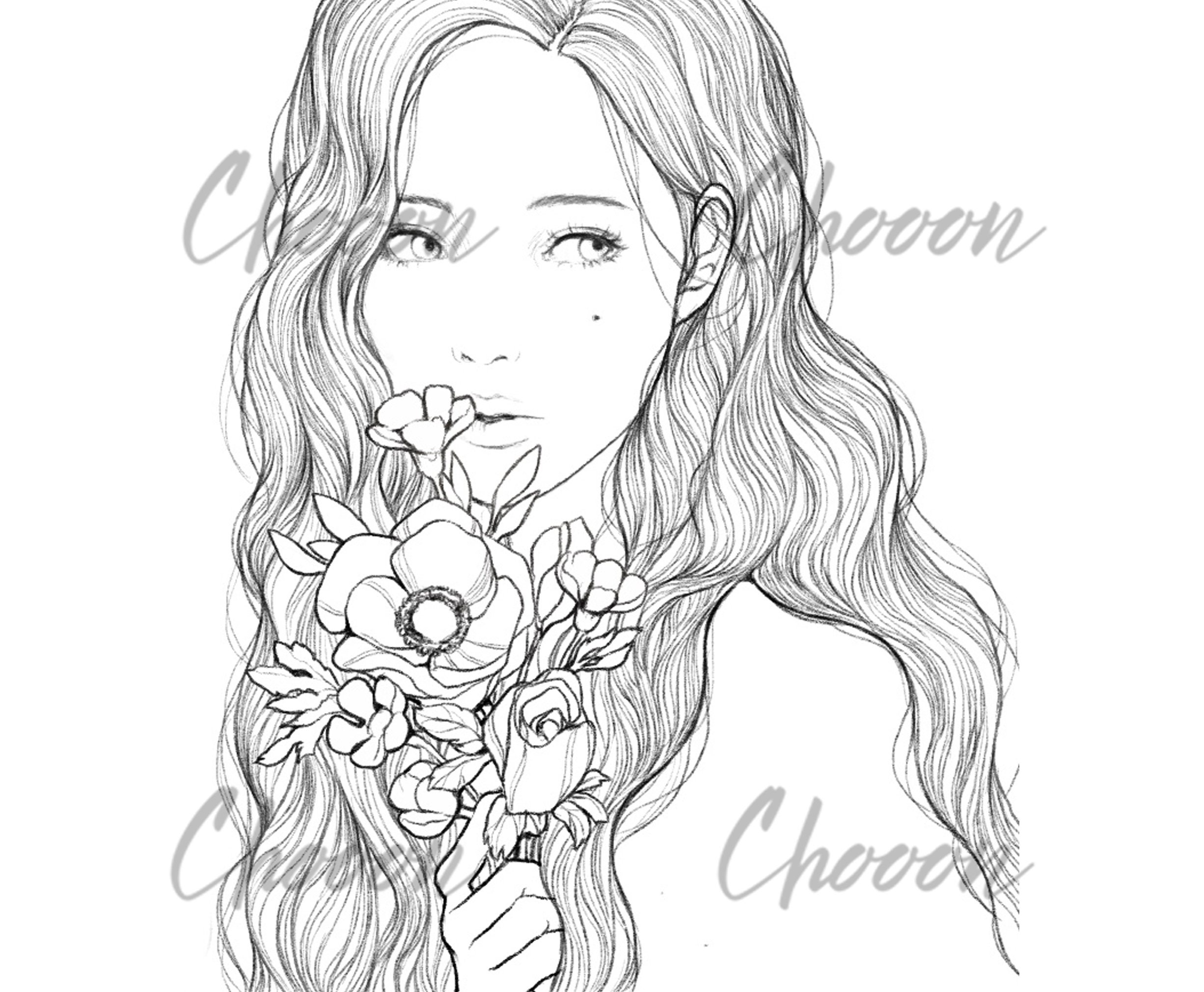 Beautiful Girl and Flowers, Coloring Page for Adults, Digital Download ...