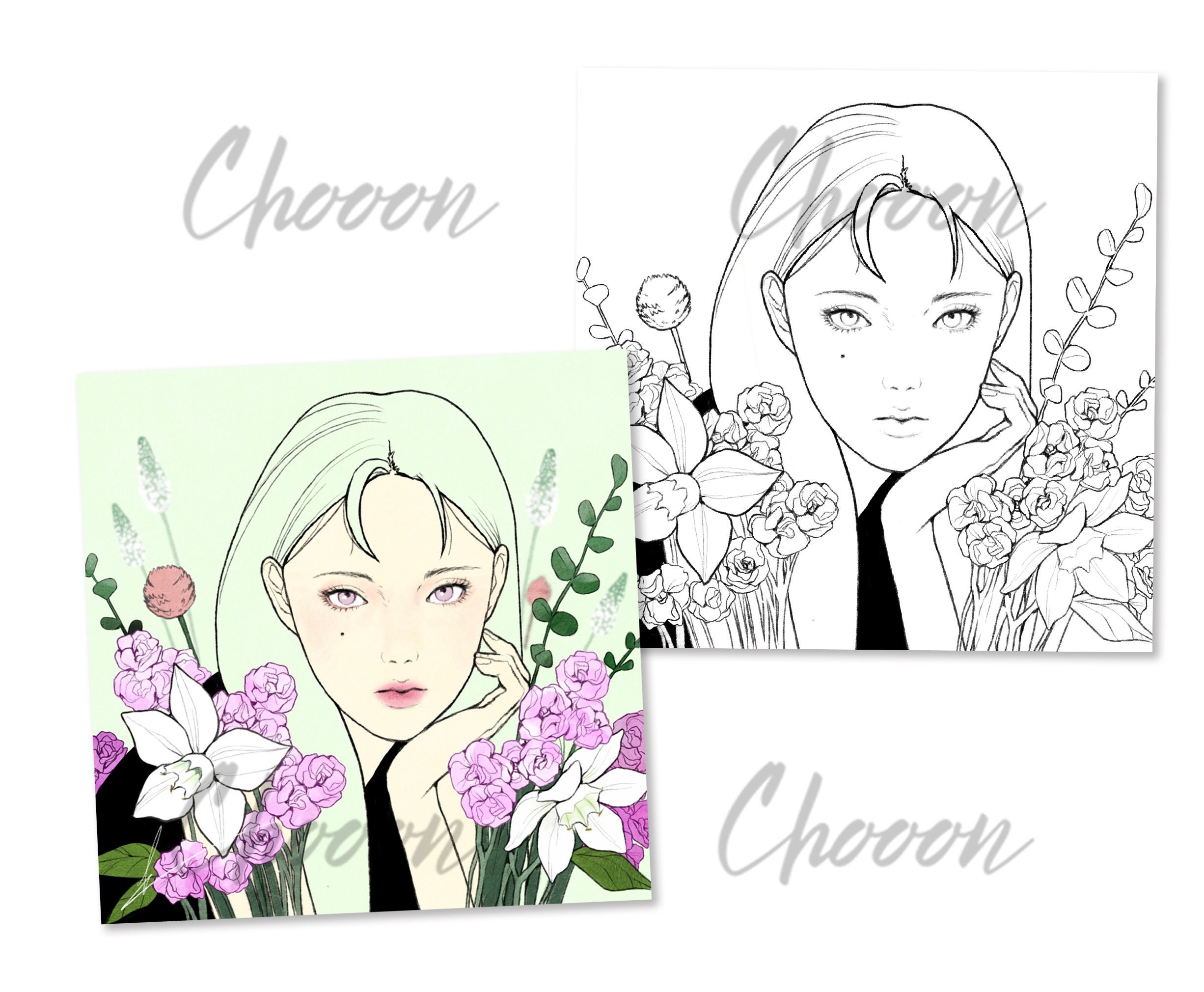 Beautiful Girl and Flowers, Coloring Page for Adults, Digital Download ...