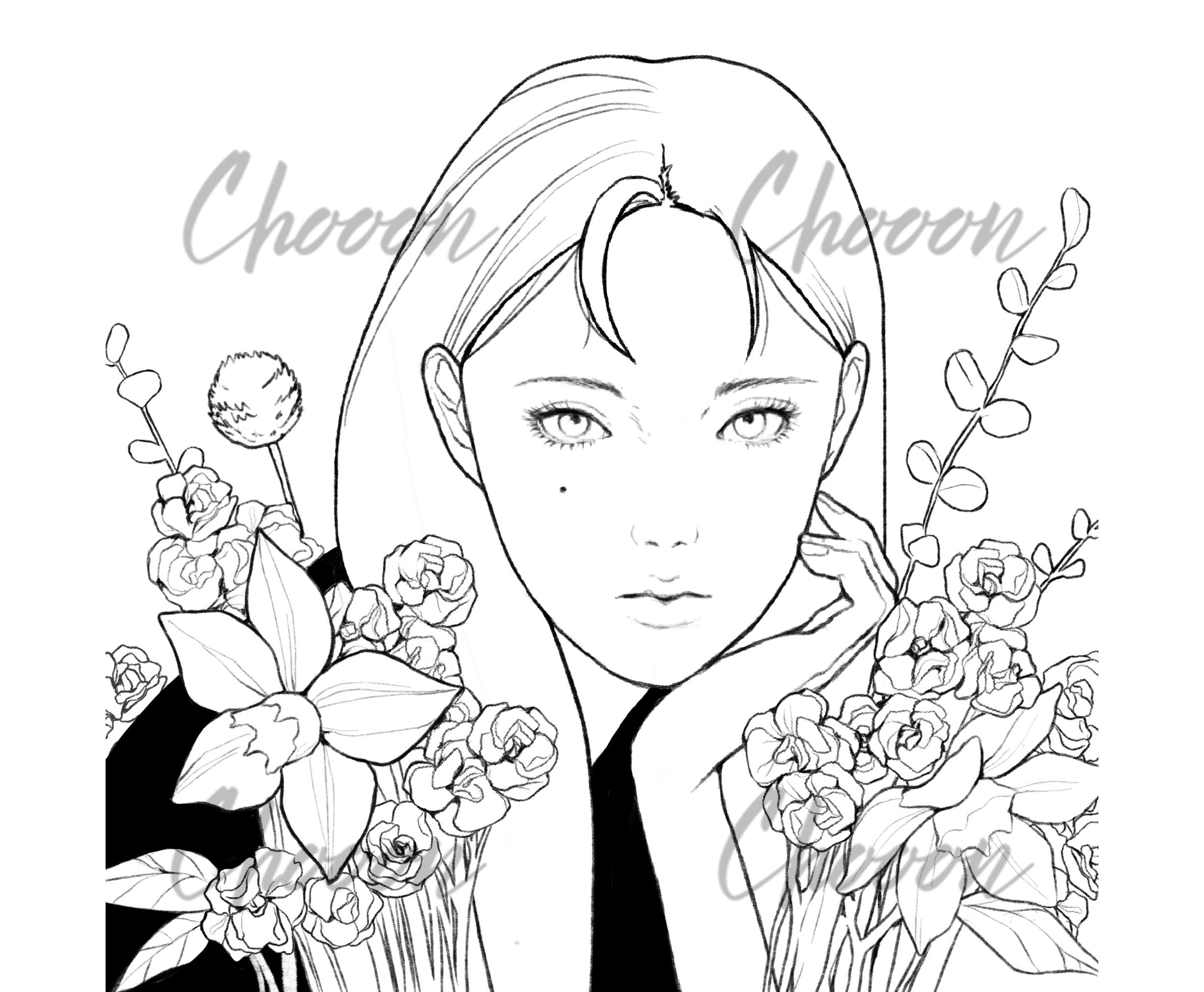 Beautiful Girl and Flowers, Coloring Page for Adults, Digital Download ...