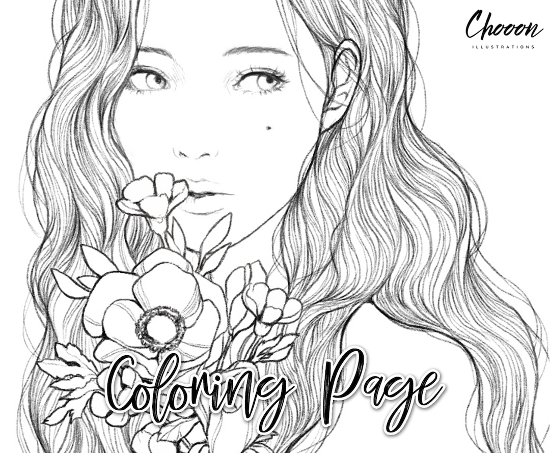 Beautiful Girl and Flowers, Coloring Page for Adults, Digital Download ...