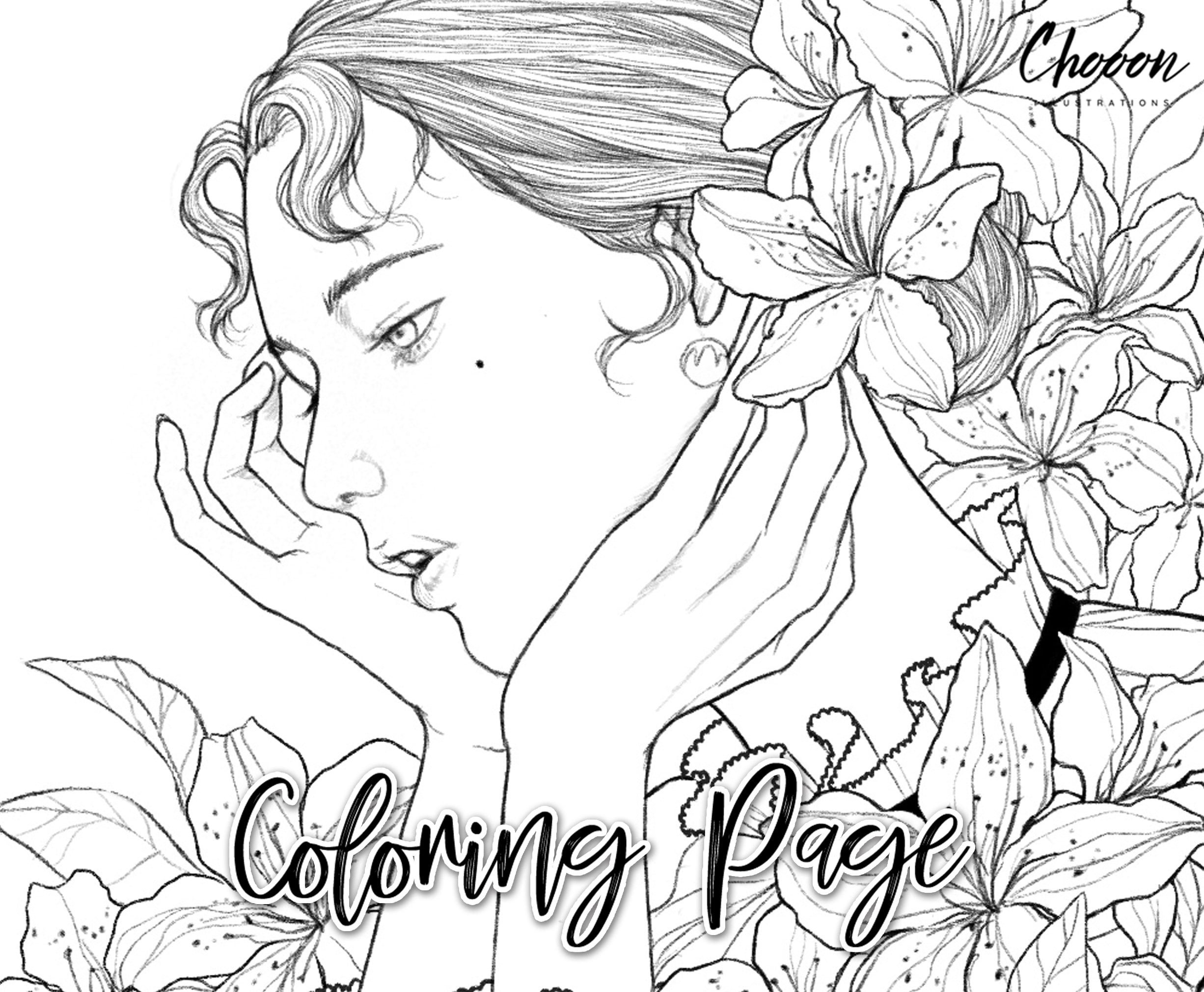 Beautiful Girl and Flowers, Coloring Page for Adults, Digital Download ...