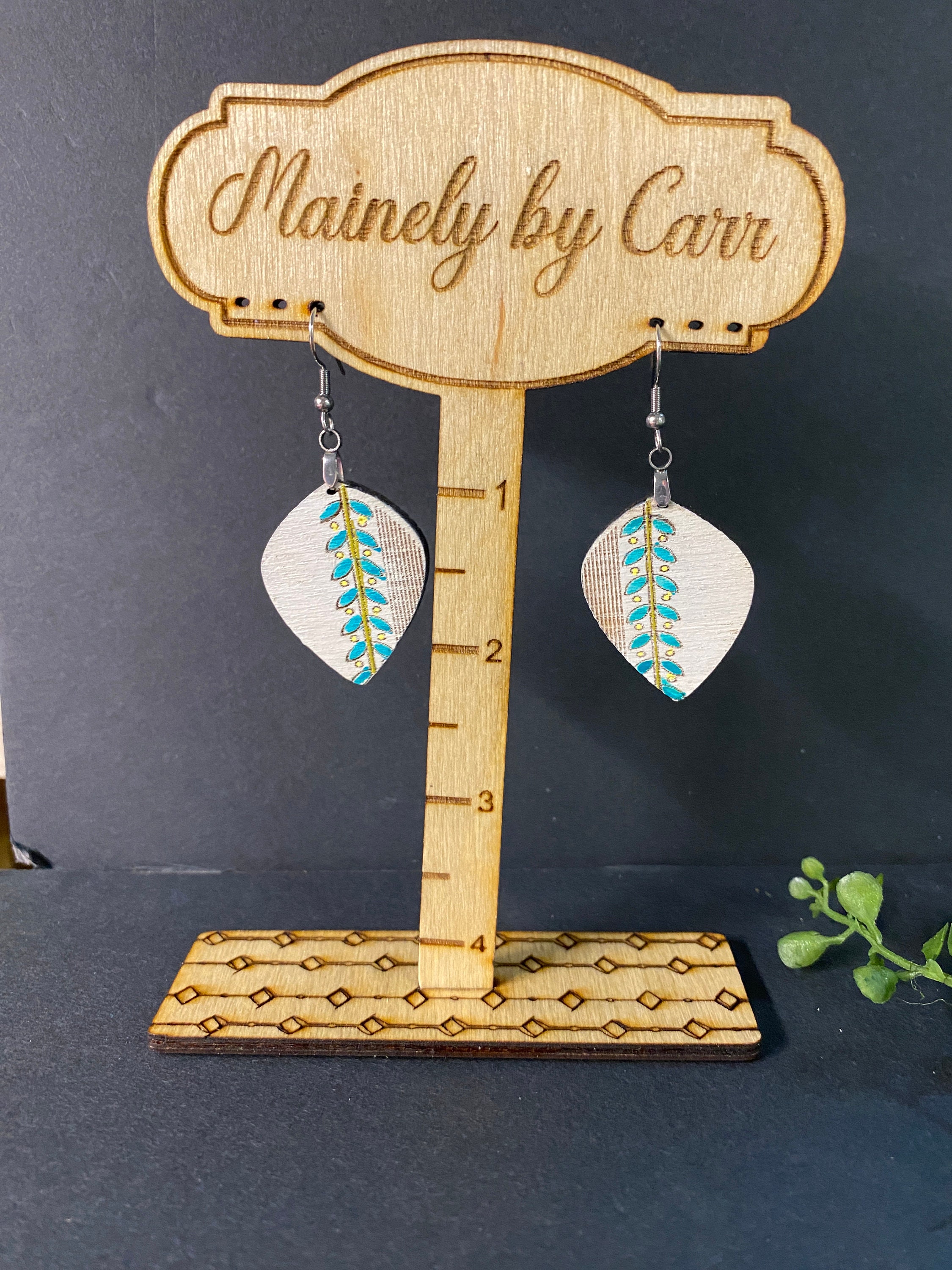 Hand Painted Upside Down Tear Drop With Lines & Leaves Wooden Earrings ...