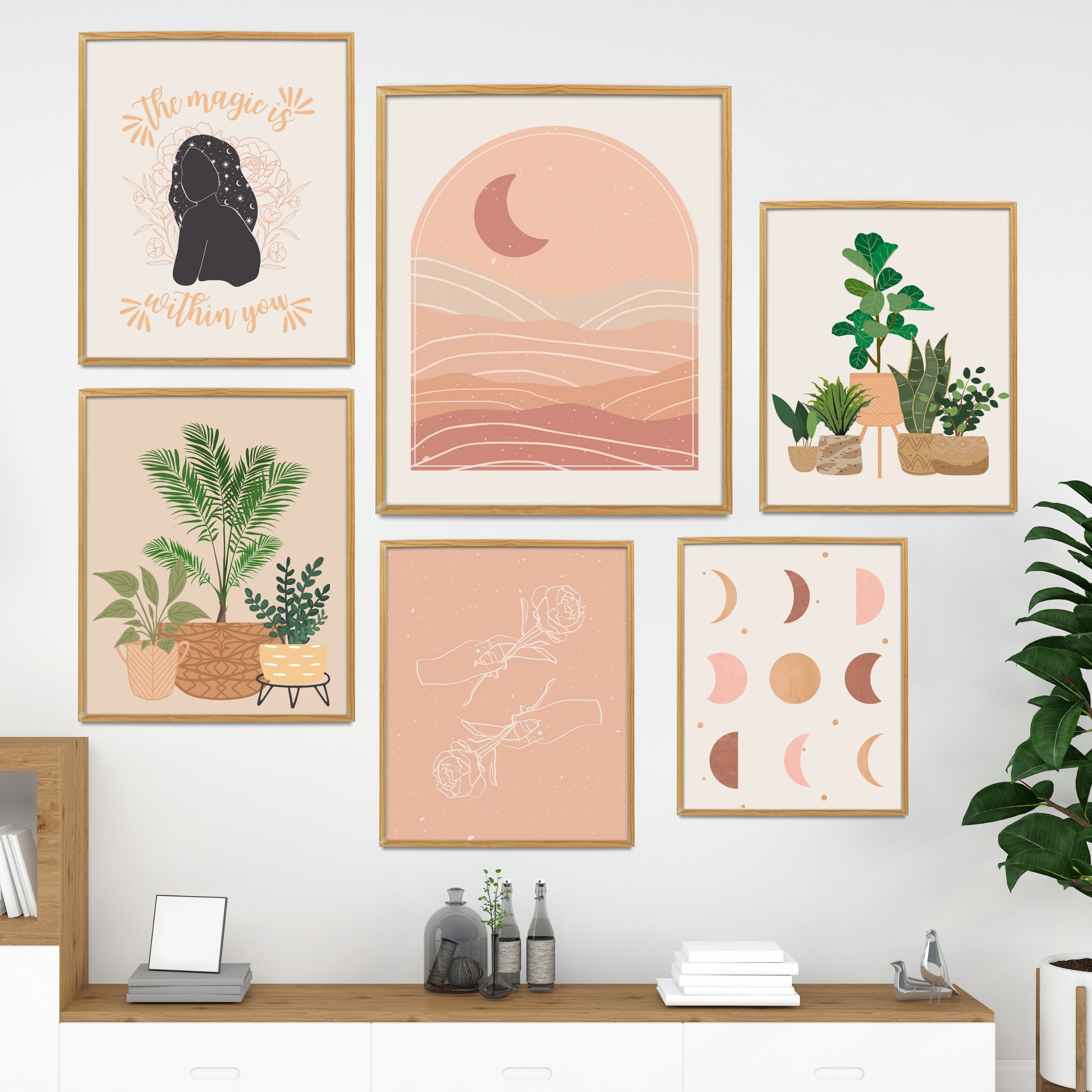 Set of 6 Modern Boho Art Print, Boho Wall Décor, Plants Mountains Print ...
