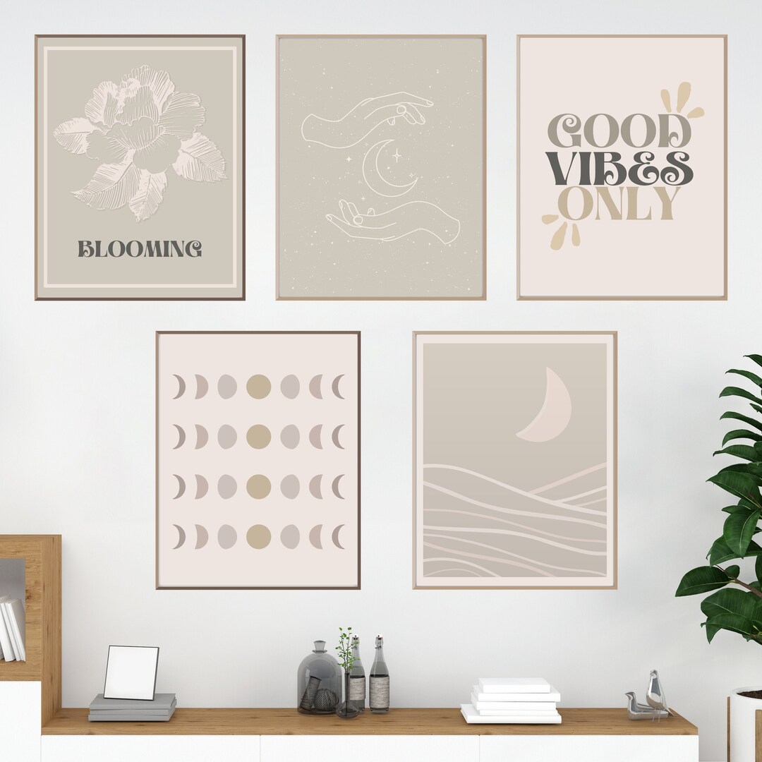 Set of 5 Neutral Boho Prints, Taupe Wall Décor, Botanical Celestial ...