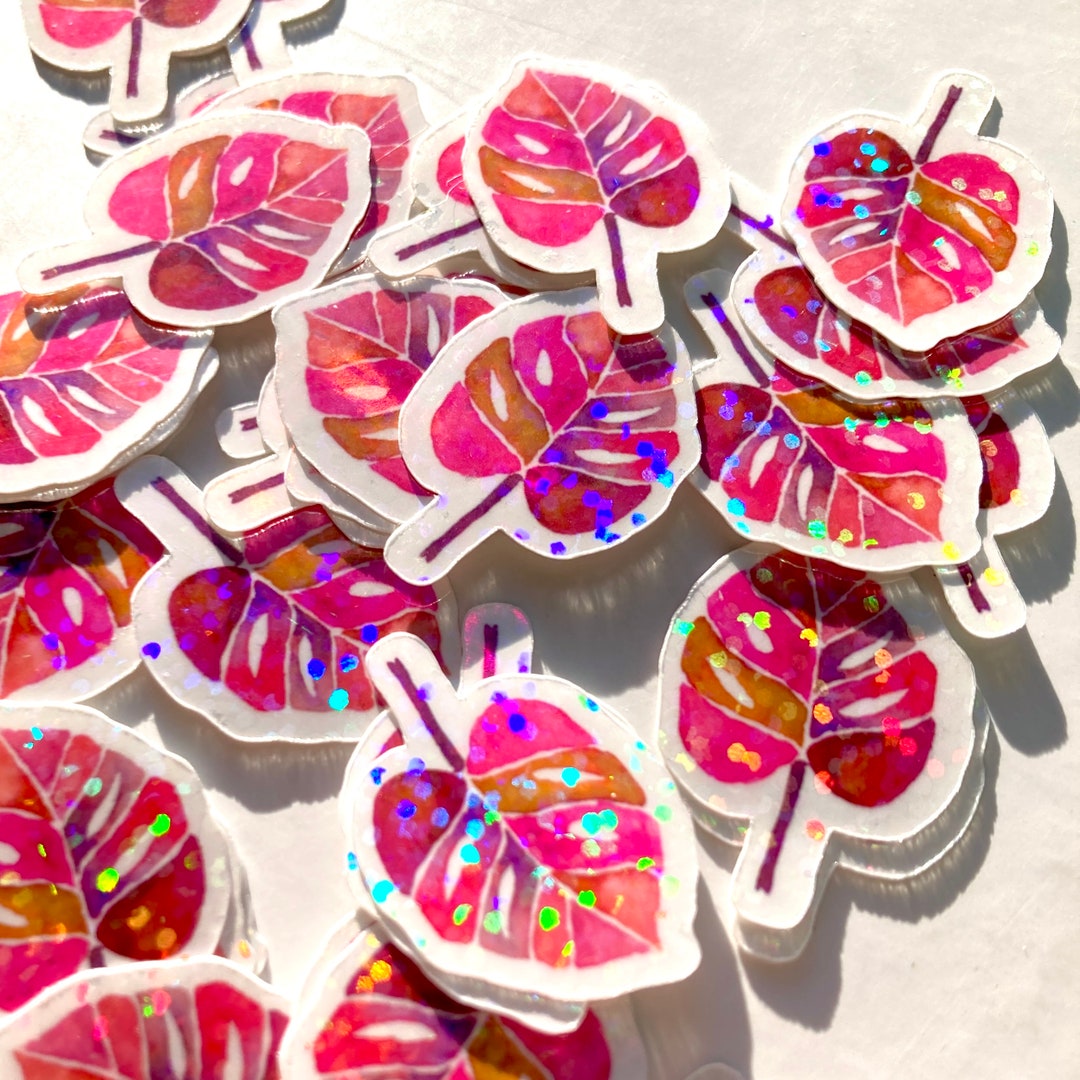 Mini Pink Monstera Leaves Sticker, Mini Glitter Sticker Flakes for Diy ...