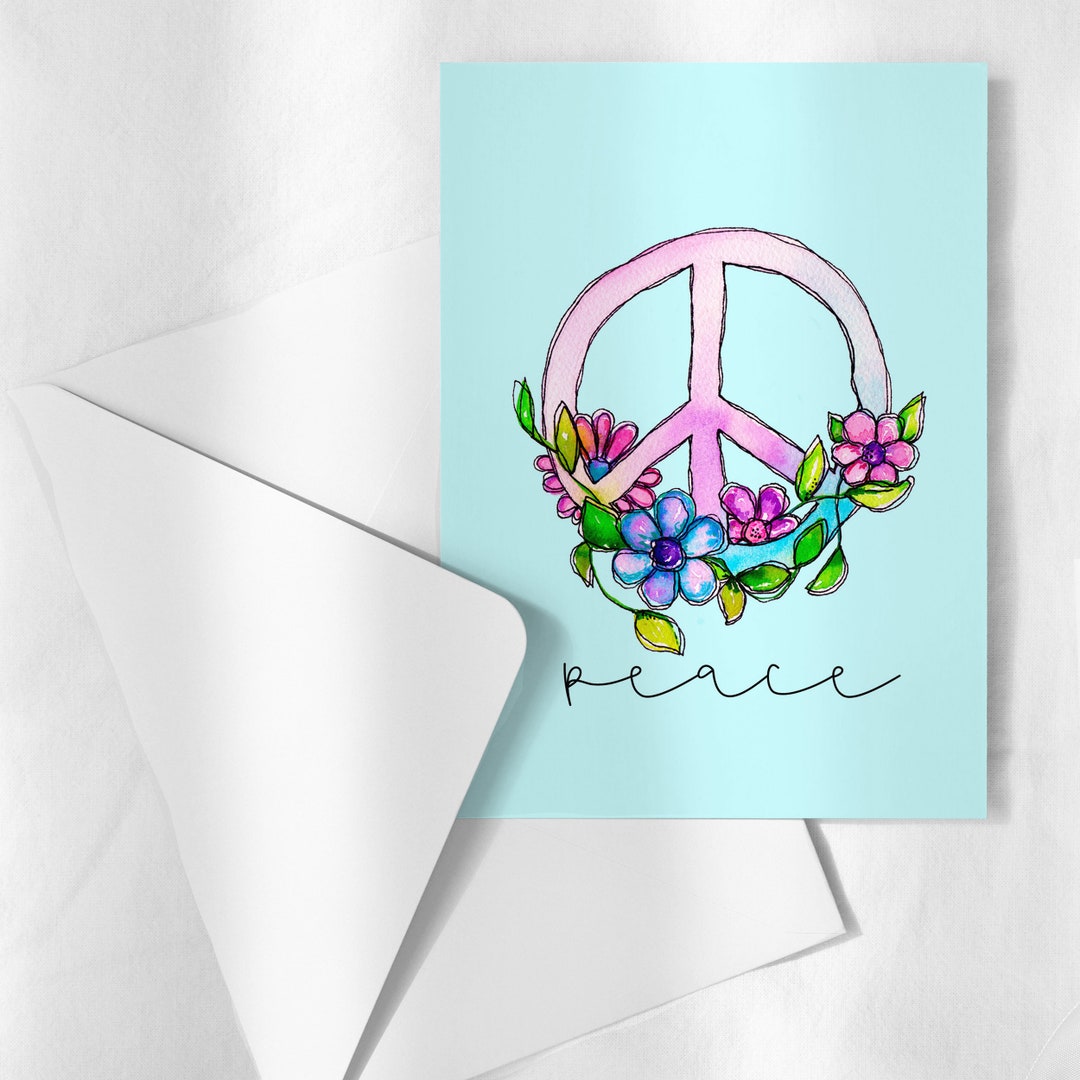 5x7 Greeting Card, Peace Sign With Florals, Watercolor Design, Peace ...