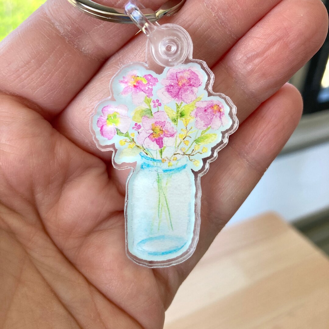 Flower Keychain, Mason Jar Flower, Pink Flower Keychain, Acrylic Key ...