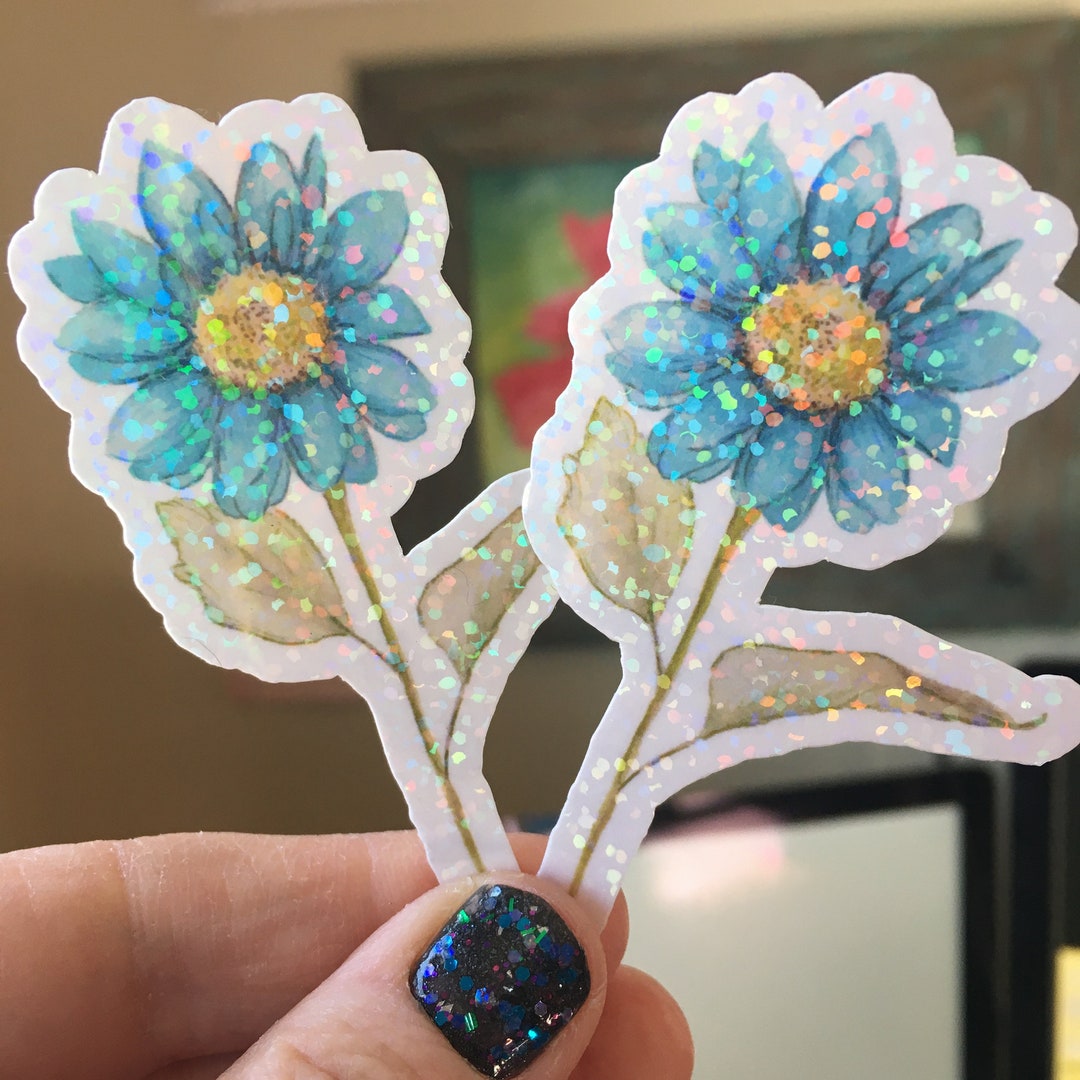 Glitter Daisy Stickers, Blue Daisy Sticker, Blue Sparkle Wildflower ...