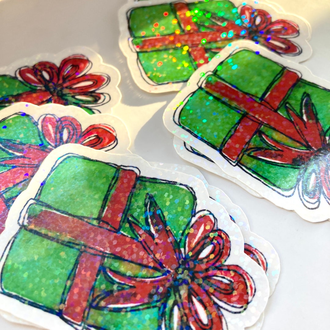 Gift Box Stickers. Glittery Holiday Decals. Green Gift Boxes With Red ...