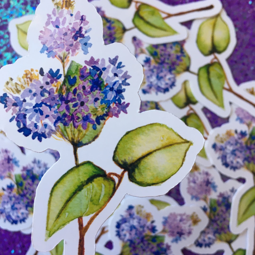 Lila stickers, wilde bloemenstickers, paarse handgeschilderde bloemen ...
