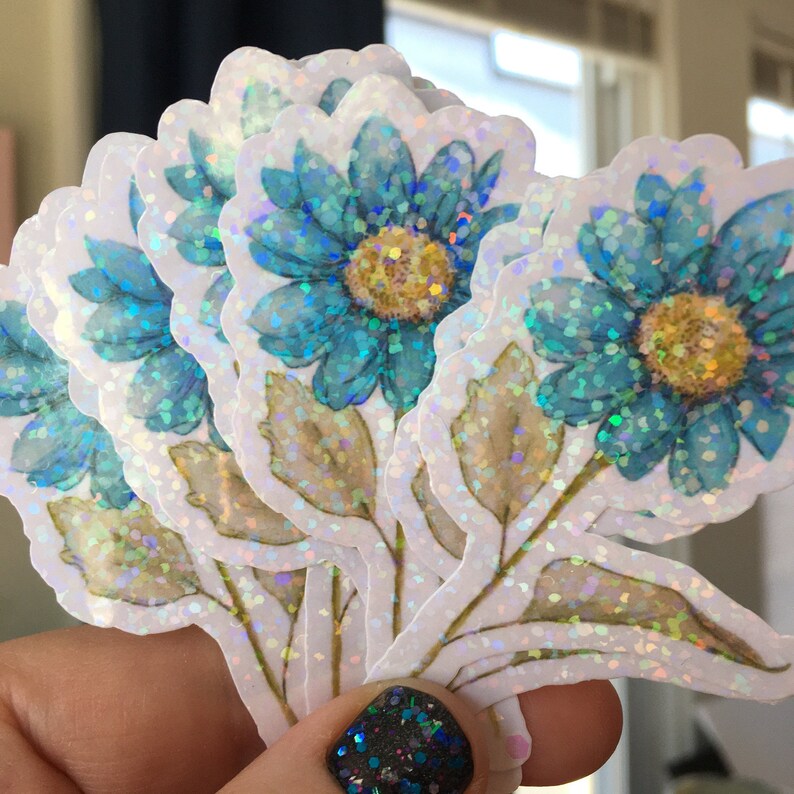 Glitter Daisy Stickers, Blue Daisy Sticker, Blue Sparkle Wildflower ...