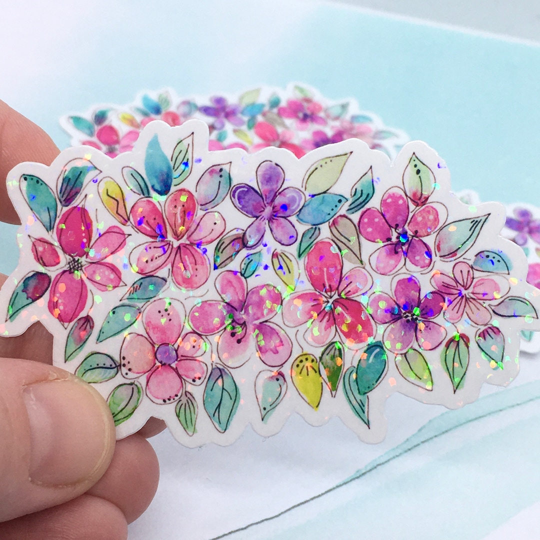 Glitter Wildflower Bouquet Sticker, 3 X 1.75 Inches, Watercolor Flowers ...
