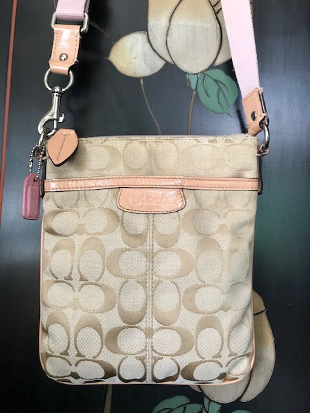 Coach Beige Signature Messenger Bag With Coral Patent Leather Trim ...