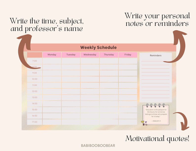 PRINTABLE Timetable Schedule, Weekly Study Planner, Students, Work From ...