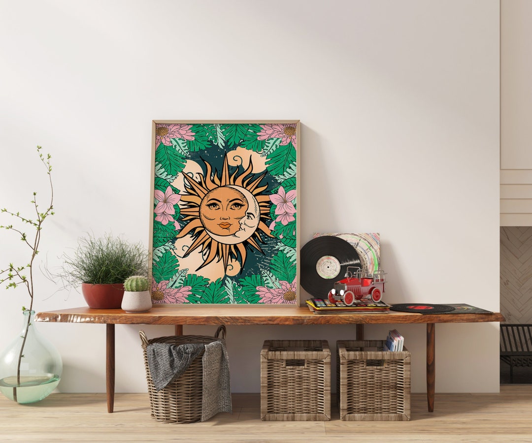 Sun Moon Floral Print, 70s Retro Groovy Home Decor - Etsy