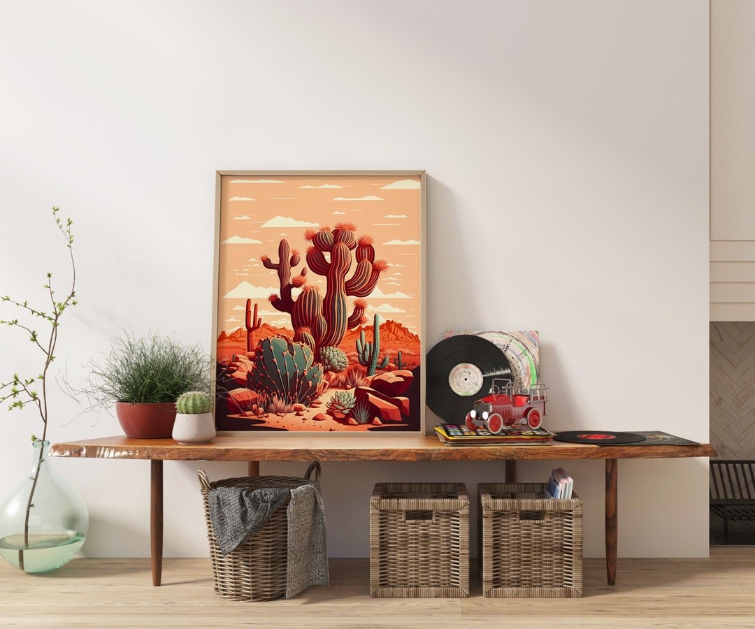 Terracotta Desert Landscape Wall Art Print, Abstract Cactus Poster, Mid ...
