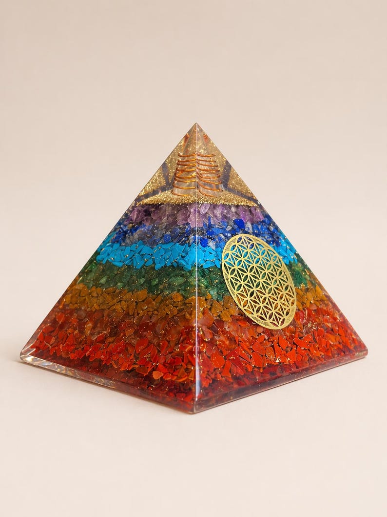 Seven Chakra Orgonite Pyramid: Copper Coil, Flower of Life Symbol ...