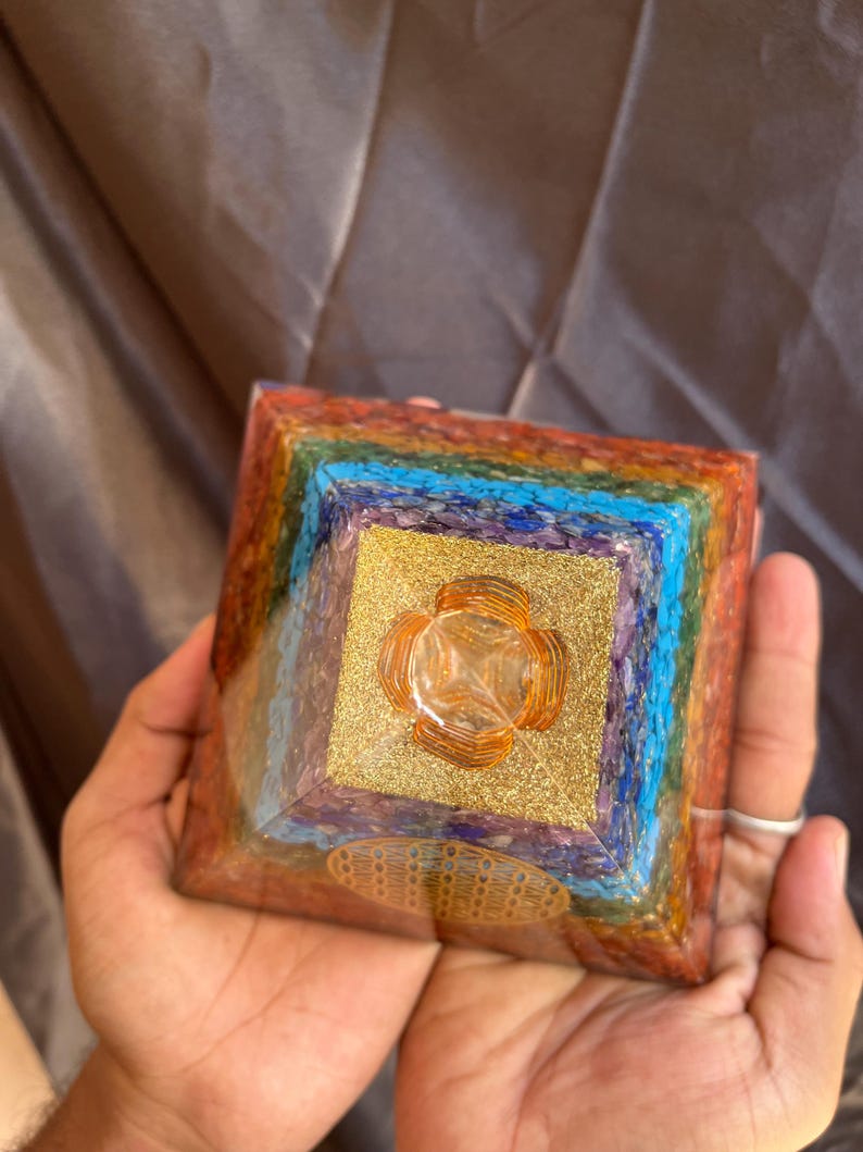 Seven Chakra Orgonite Pyramid: Copper Coil, Flower of Life Symbol ...