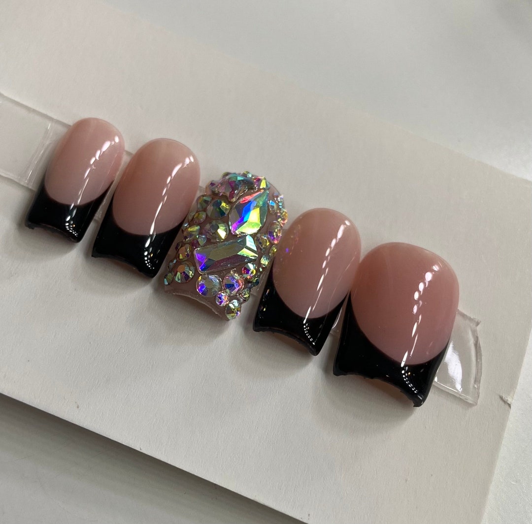 Black French Press Ons With Gems - Bling Classic Black French Tip Nails ...