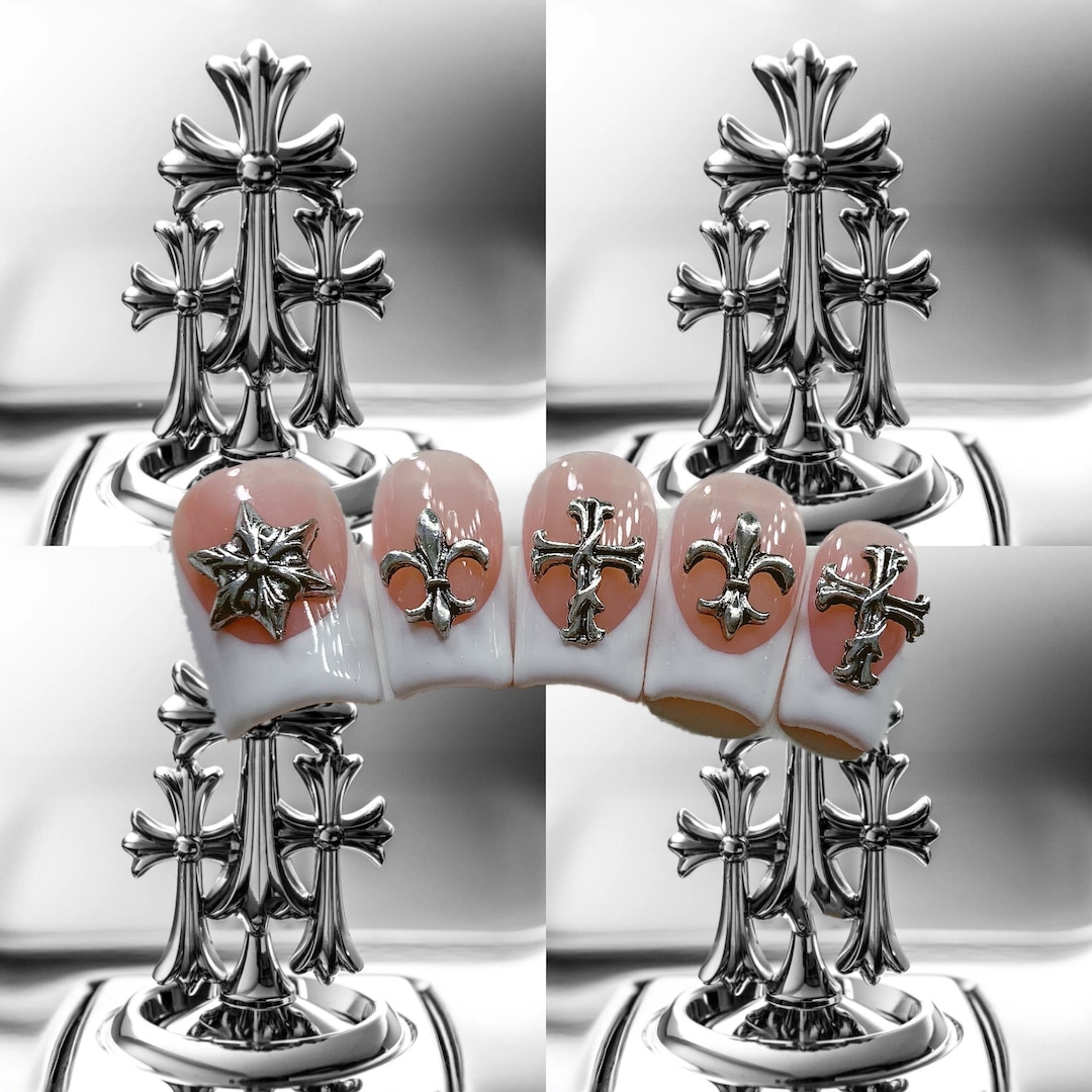 French Tip Cross Press on Nails | Gold and Silver Cross Press Ons | Trendy Nails Summer Press on ...
