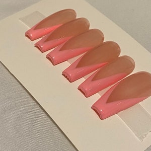 Pink V-cut French Tip Press on Nails | Pink Coffin Nails | Vtip Nails ...