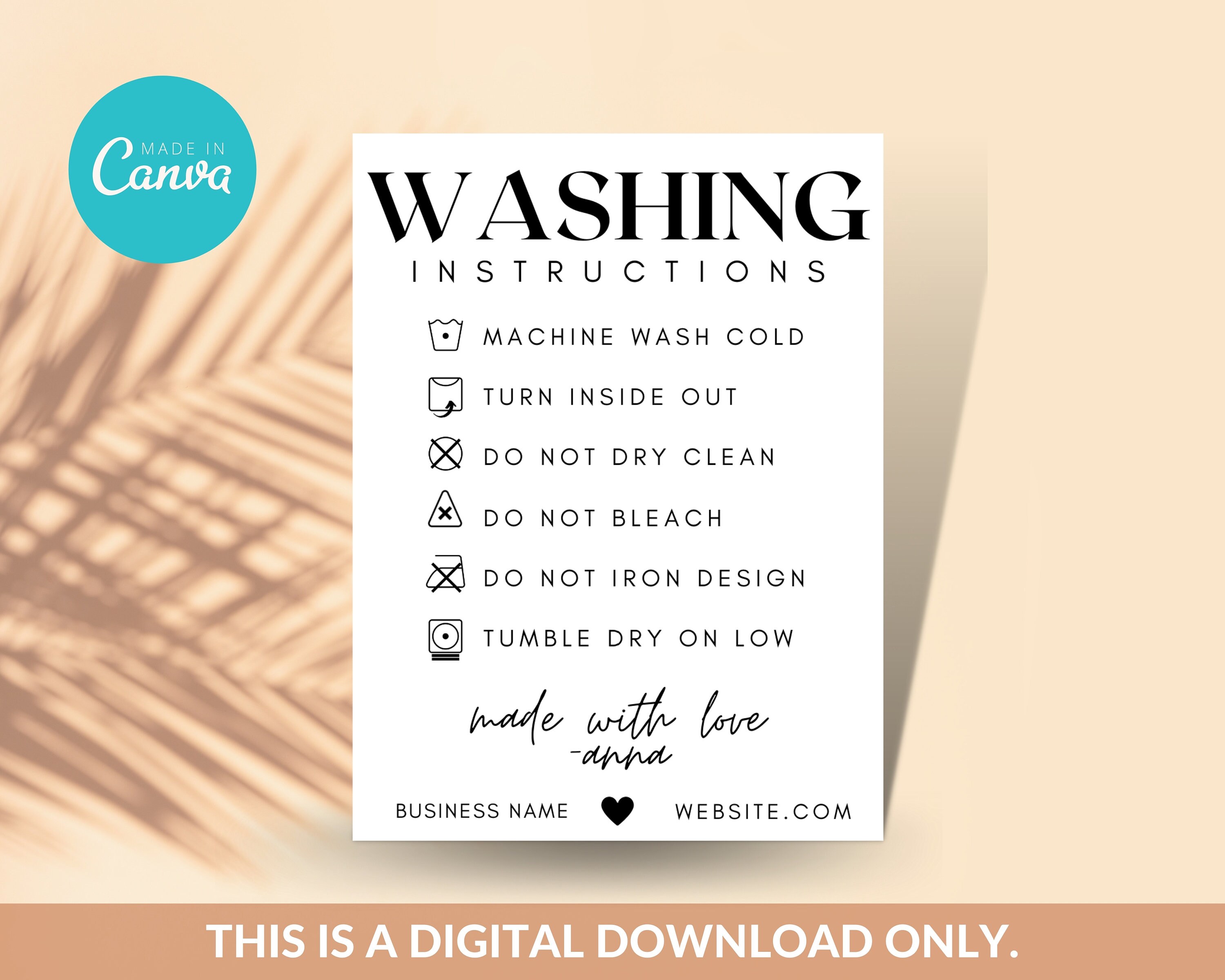 Editable Washing Instructions Card Template Printable - Etsy