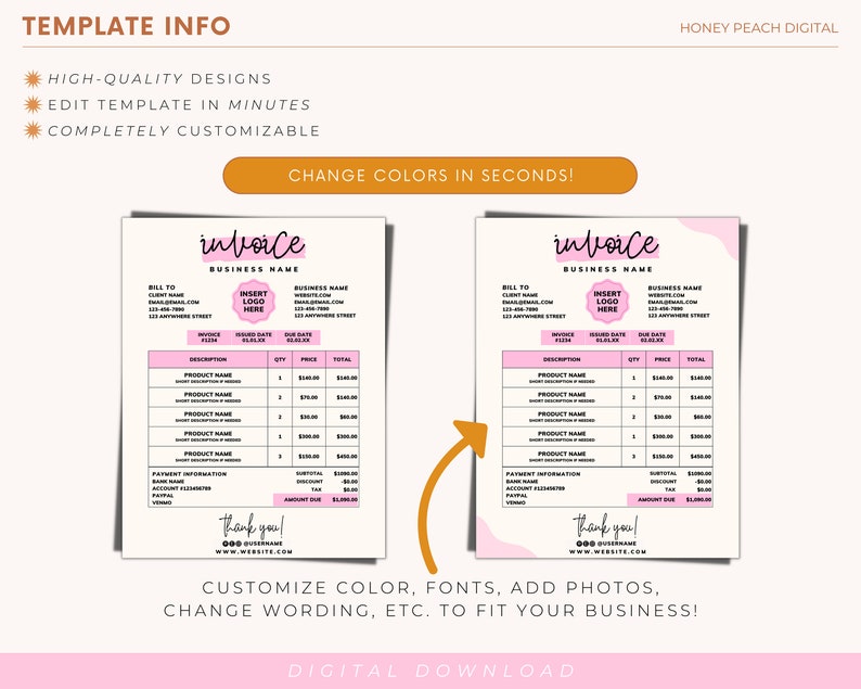Pink Invoice Template Invoice Download Invoice Estimate - Etsy