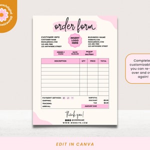 Editable Order Form Template, Printable Invoice Template, Custom Order ...