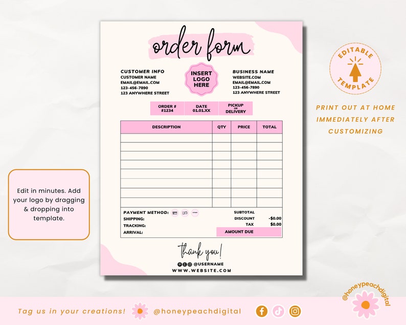 Editable Order Form Template Printable Invoice Template - Etsy