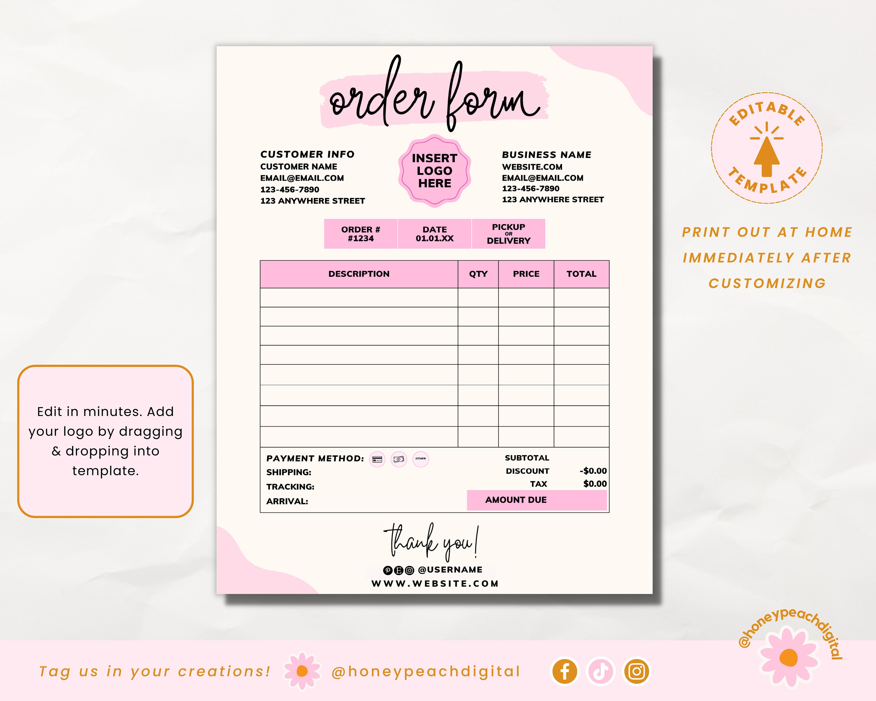 Editable Order Form Template Printable Invoice Template - Etsy
