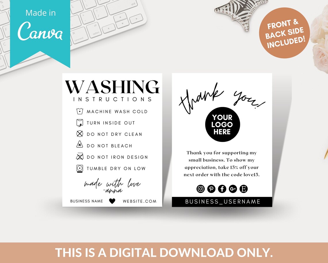 Editable Washing Instructions Card Template, HTV Care Card Template ...