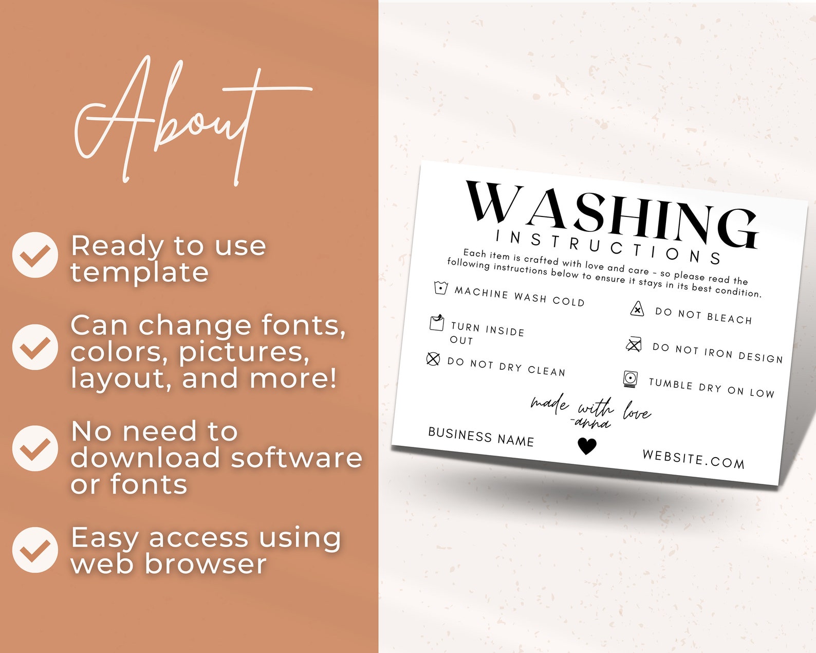 Editable Washing Instructions Card Template Printable - Etsy