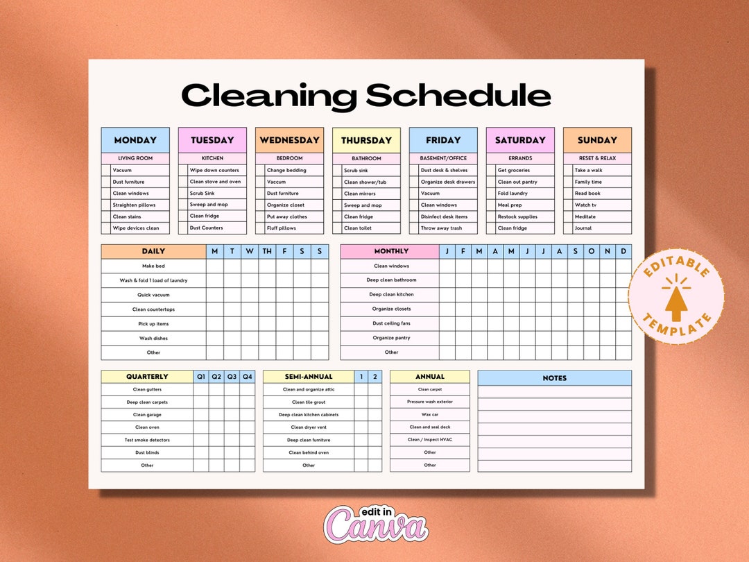 Editable Cleaning Schedule, Weekly Monthly Annual Cleaning Planner ...