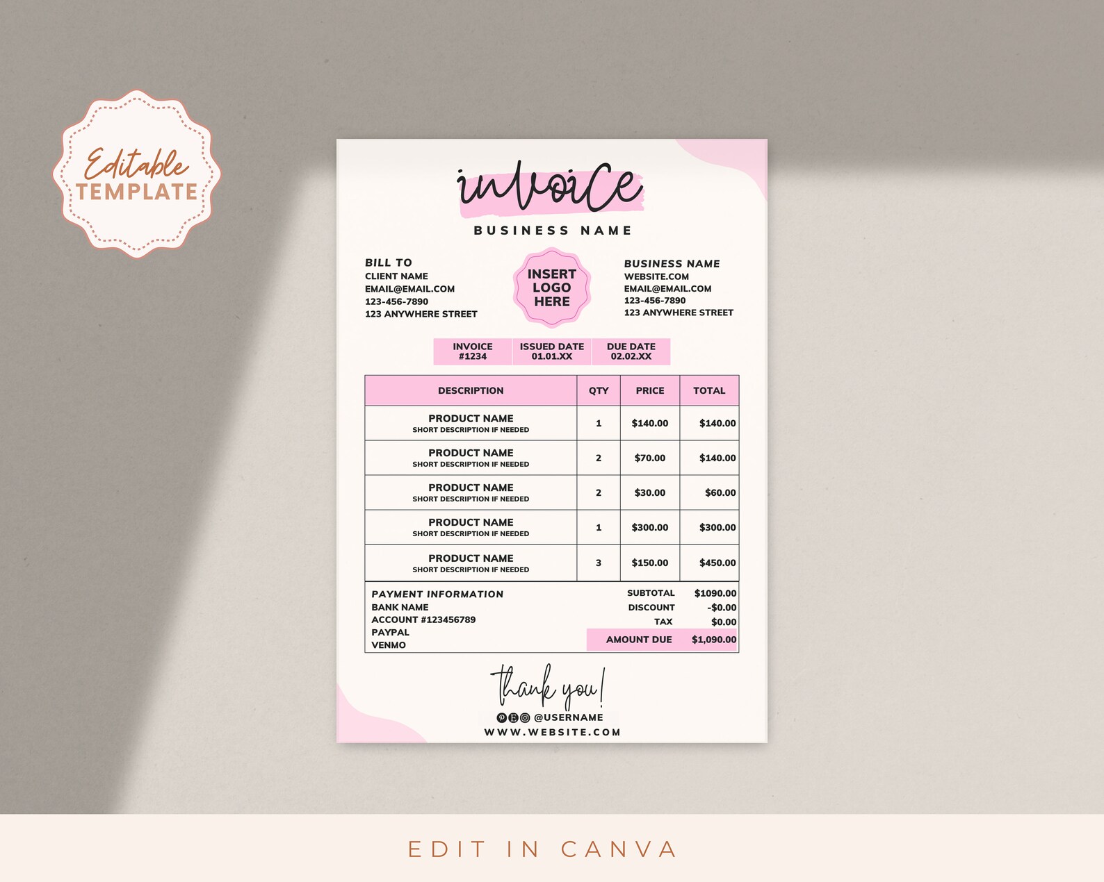 Pink Invoice Template Invoice Download Invoice Estimate - Etsy