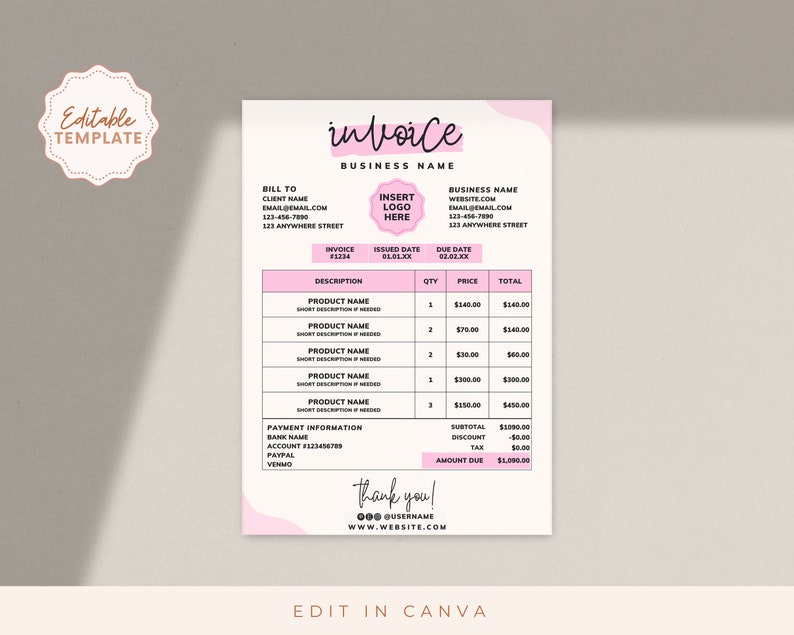 Pink Invoice Template Invoice Download Invoice Estimate - Etsy