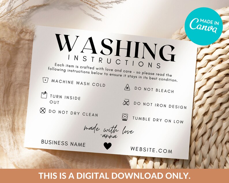 Editable Washing Instructions Card Template Printable - Etsy