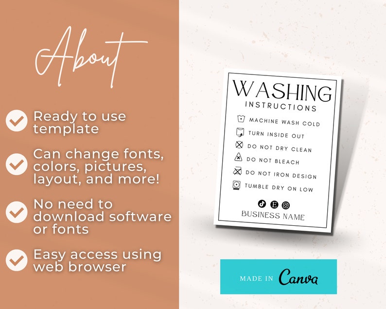Editable Washing Instructions Card Template, Printable Clothing Care ...