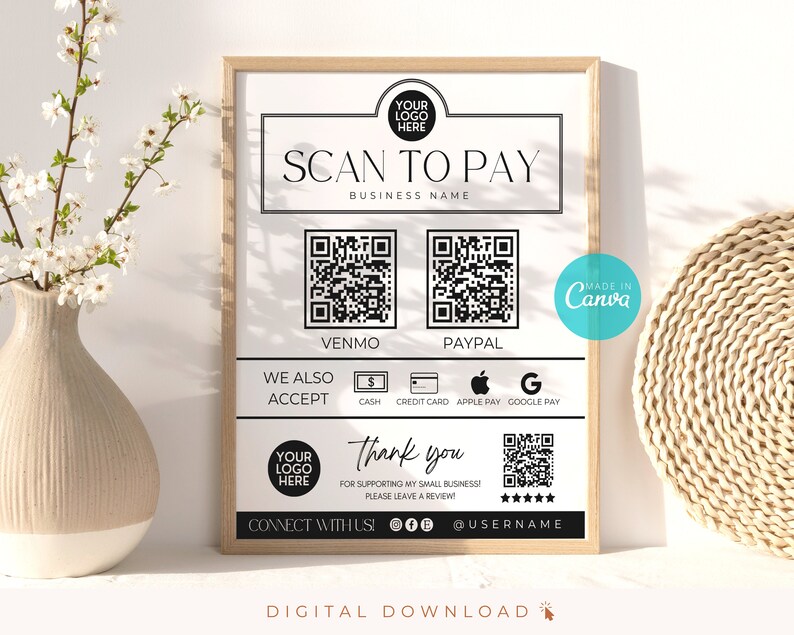 Editable Scan to Pay Sign Template Minimalist QR Code Sign - Etsy