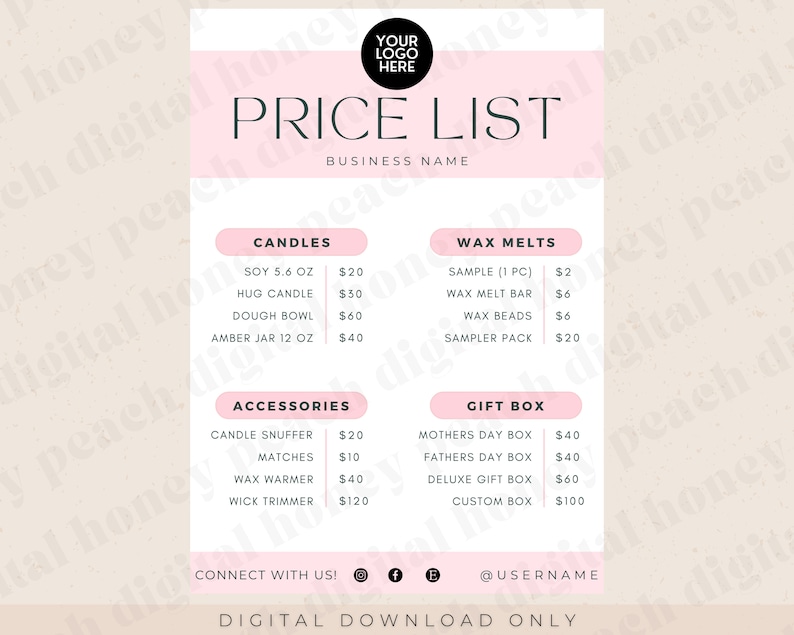 Editable Price List Template Printable Price Guide List - Etsy