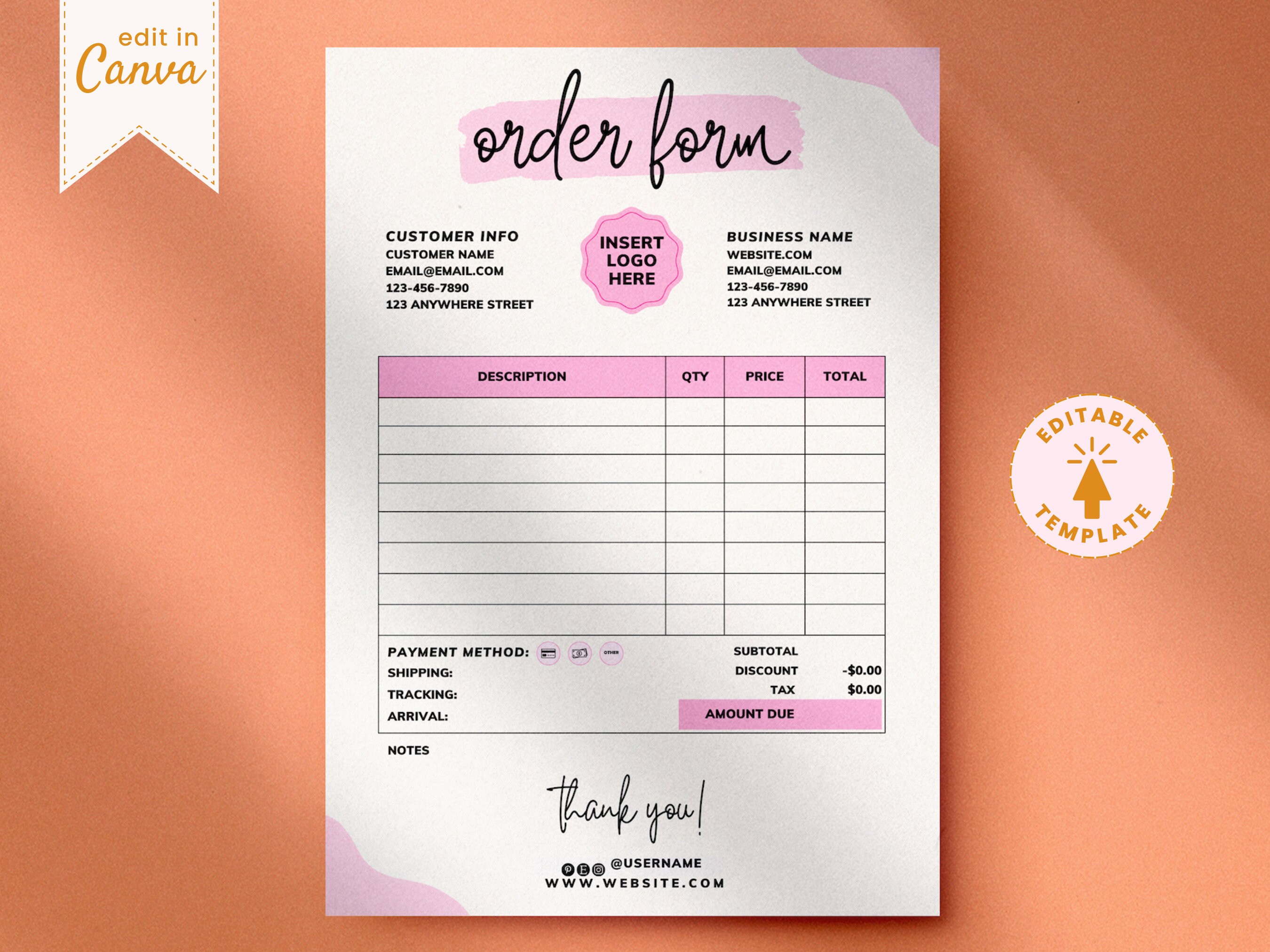 Editable Order Form Template Printable Invoice Template - Etsy