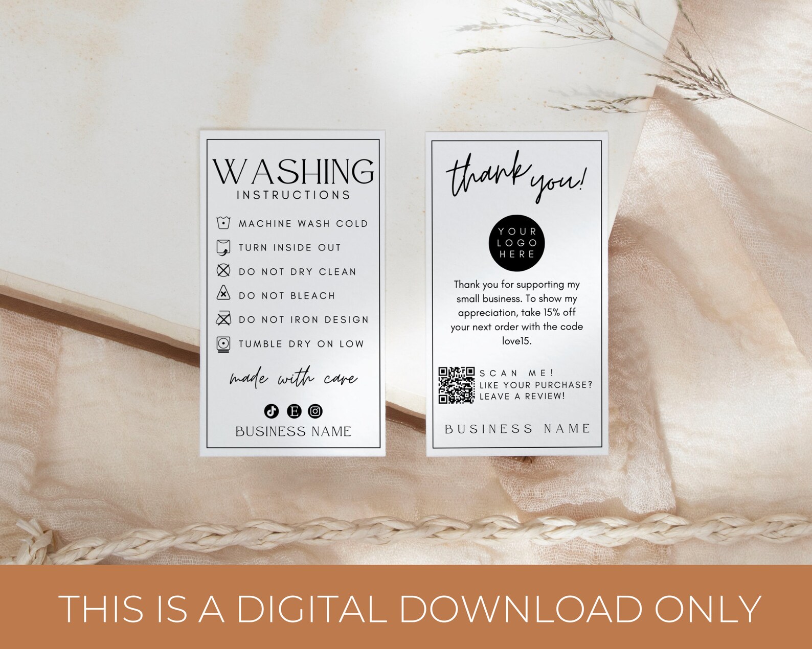 Editable Washing Instructions Card Template, Printable Clothing Care ...