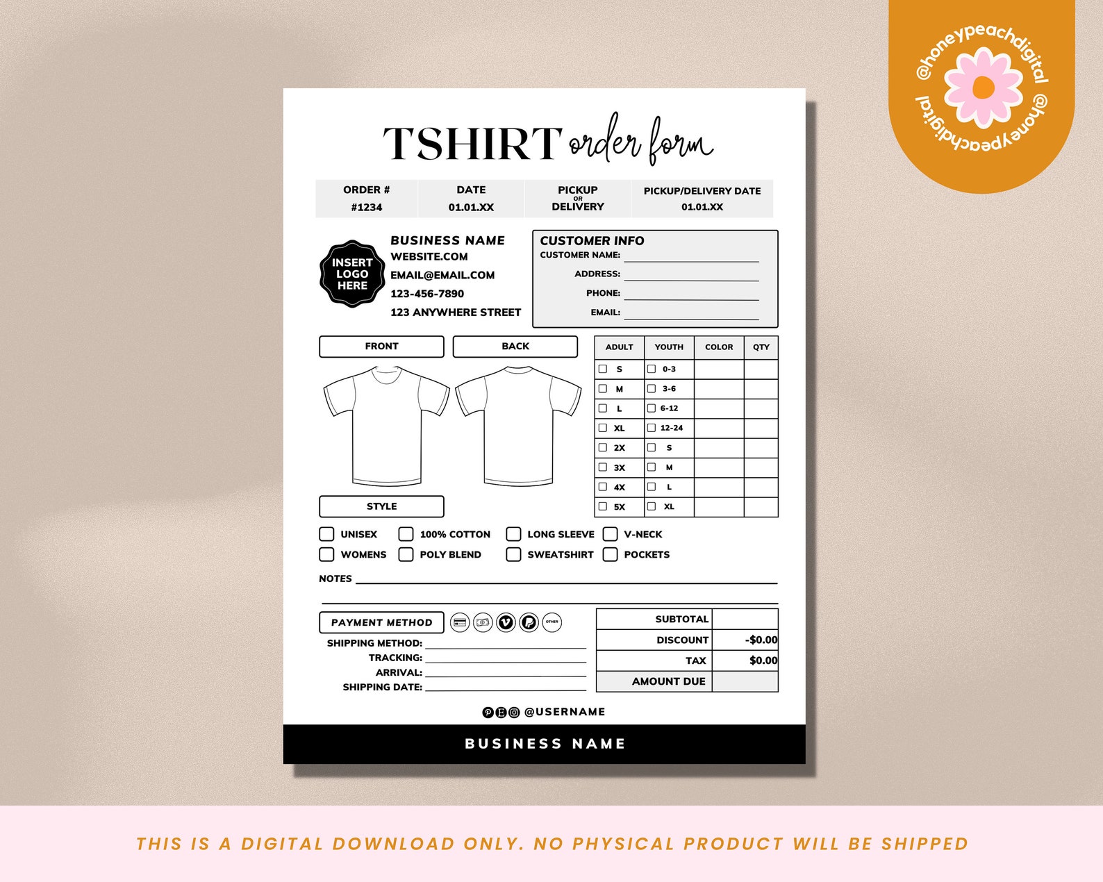 Tshirt Order Form Template, Editable Blank Shirt Order Forms, Printable ...