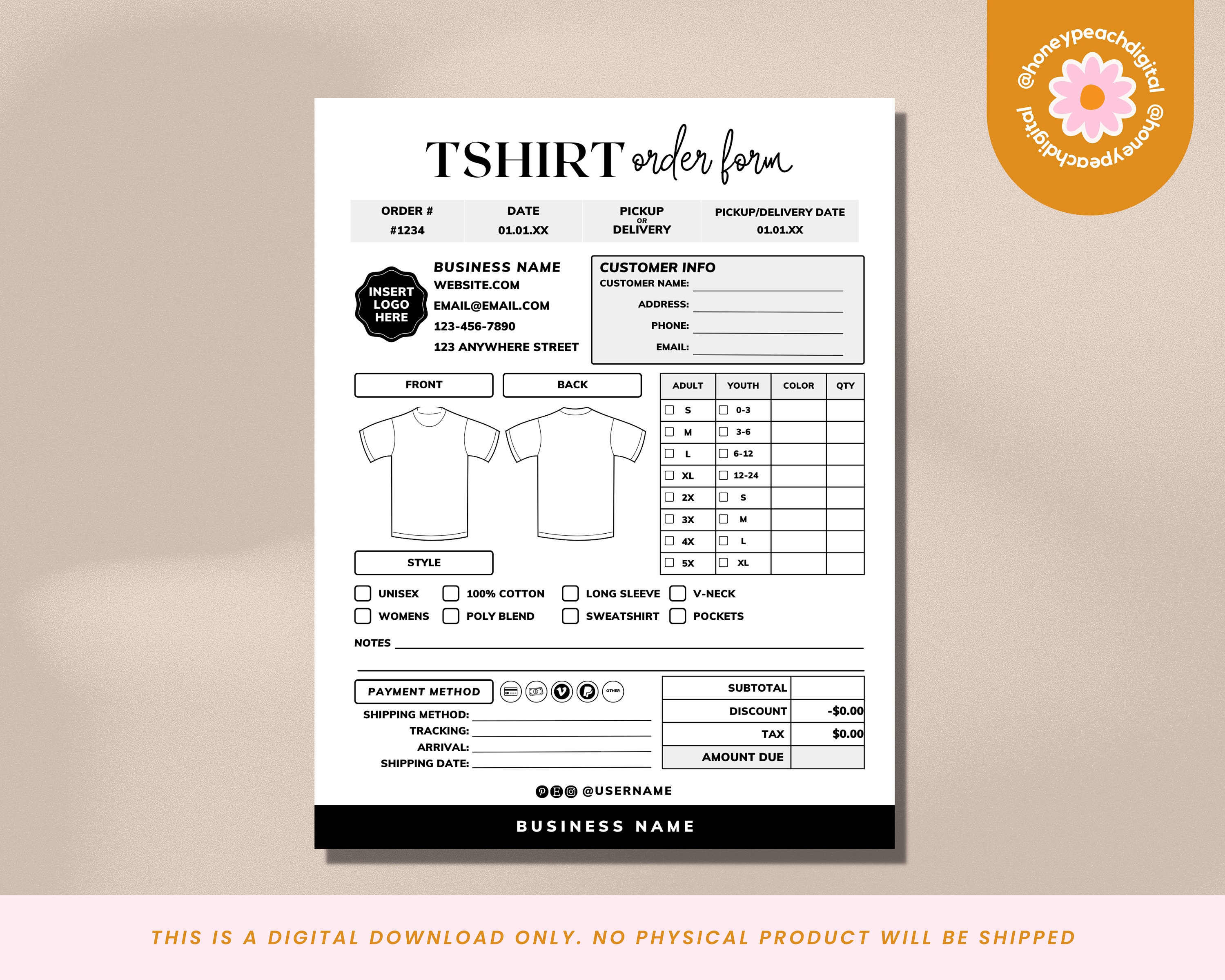 Tshirt Order Form Template, Editable Blank Shirt Order Forms, Printable ...