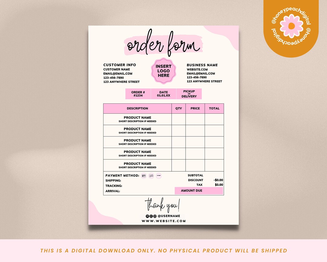 Order Form Template, Printable Invoice Template, Custom Order Form ...