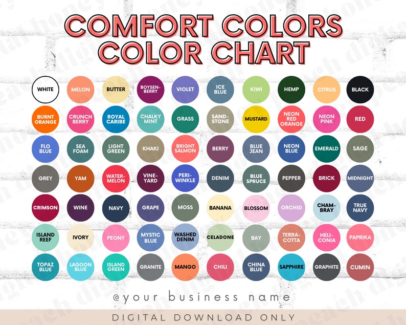 Editable Comfort Colors 1717 Color Chart, Color Chart for Comfort ...