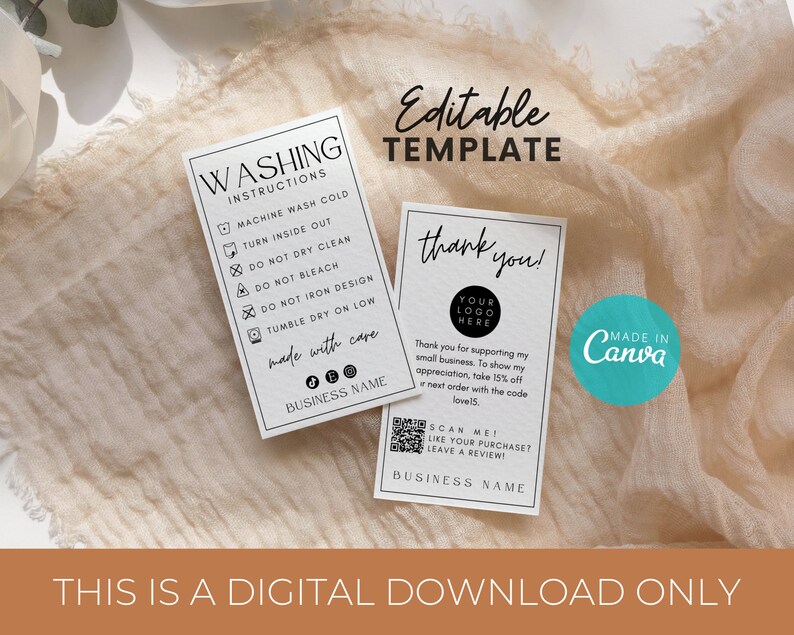 Editable Washing Instructions Card Template, Printable Clothing Care ...