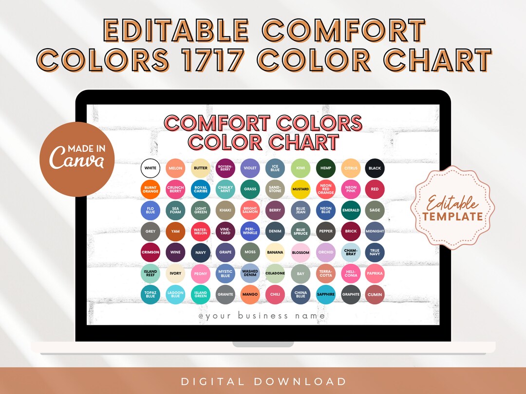 Editable Comfort Colors 1717 Color Chart, Color Chart for Comfort ...